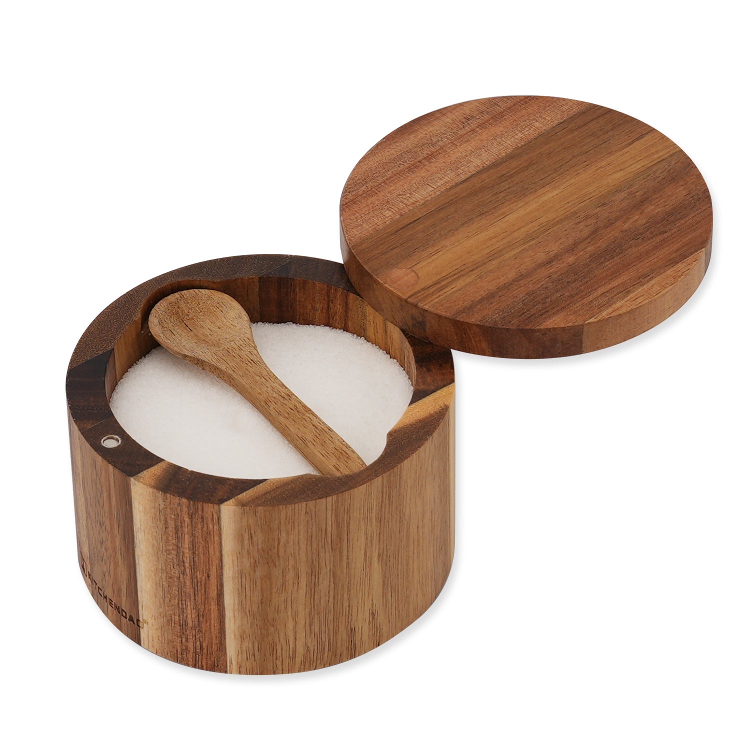 KITCHENDAO Acacia Wood Salt Cellar Bowl Box with Built-in Spoon to avo ...
