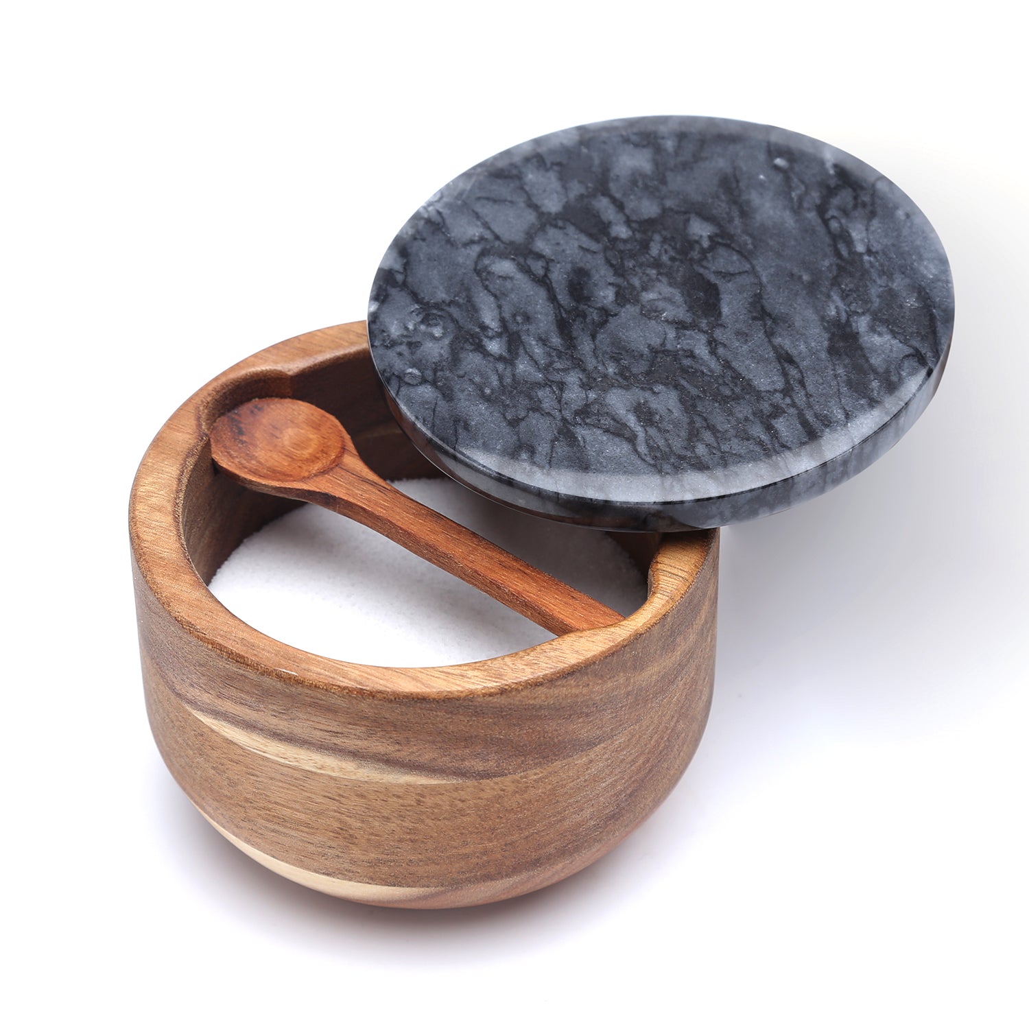 10 oz Acacia Wood Salt Box With Built-in Spoon And Marble Lid | kitchendao